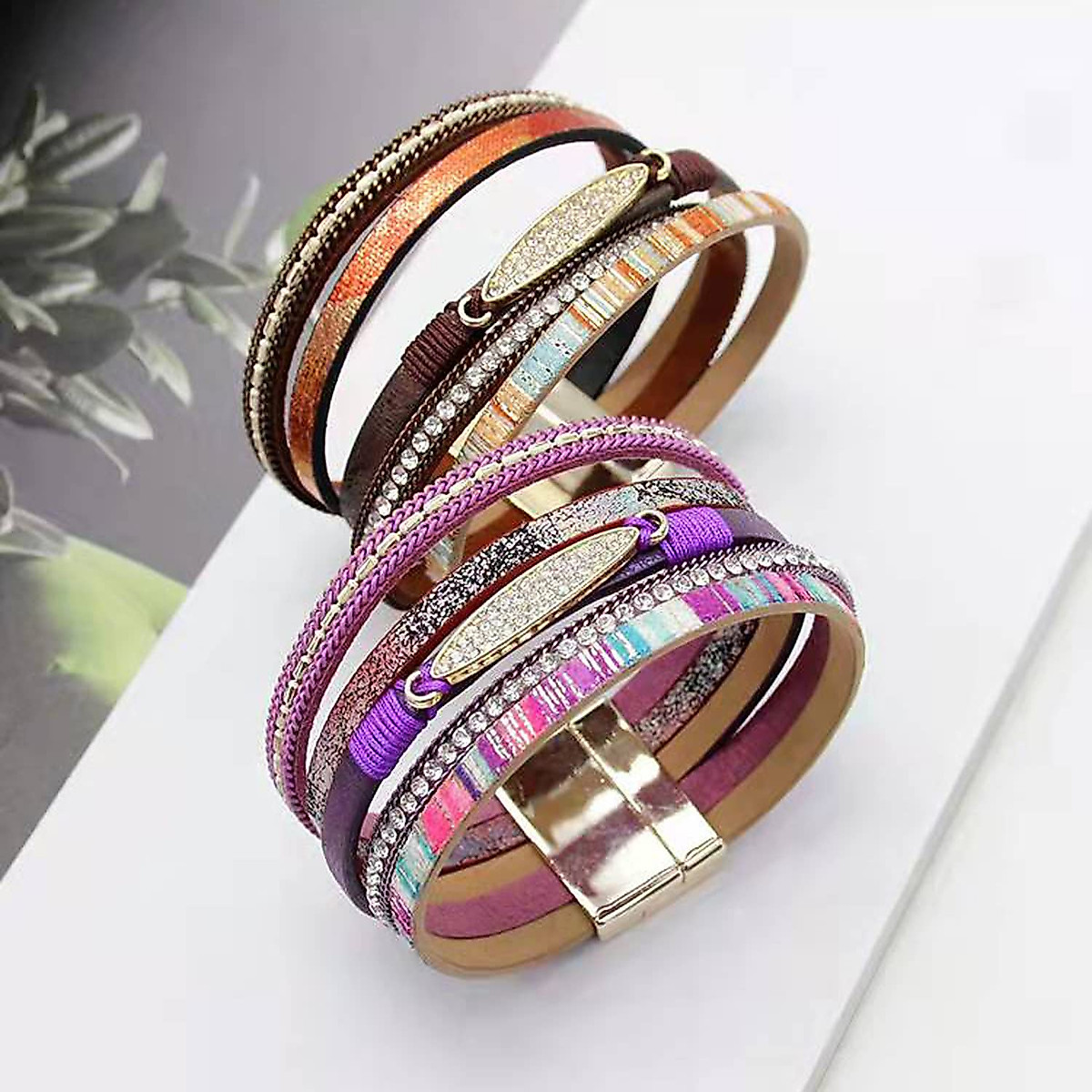 MUERDOU Inspirational Tree of Life Leather Bracelets for Women Cross Boho Jewelry Wristbands Wrap Cuff Bracelets Gifts for Women Purple Zircon