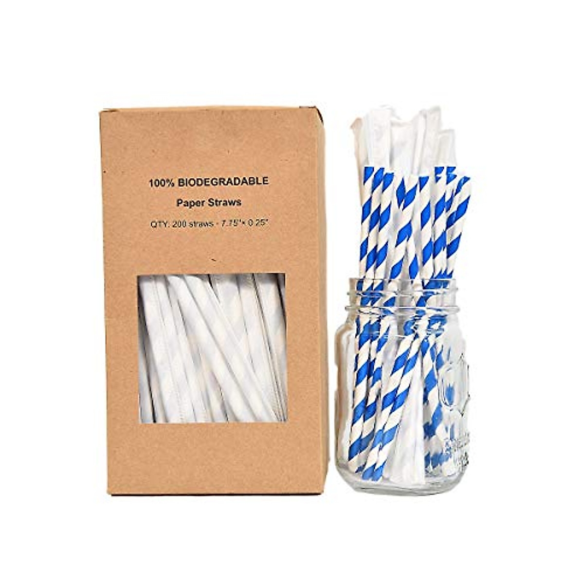 200-Pack Premium Biodegradable Paper Straws - Eco-Friendly Drinking Straws - Bulk Paper Straws for Juices, Smoothies and Party Decorations - 7.75" Long .25" Wide (Blue)