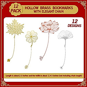 Jummisy 12 Pieces Metal Bookmarks with Chain for Women Metal Leaf Bookmark Unique Bookmarks Plant Bookmark Vintage for Book Lovers Writers Readers Children Teens Adults Gold Silver and Rose Gold