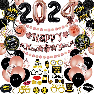 2024 Happy New Year Party Supplies, Foil Balloons Set, Happy New Year Banner, Latex Balloons, Curtains, Paper Pompoms for Home Outdoor Decor New Years Eve Party Supplies 2024, Black and Gold