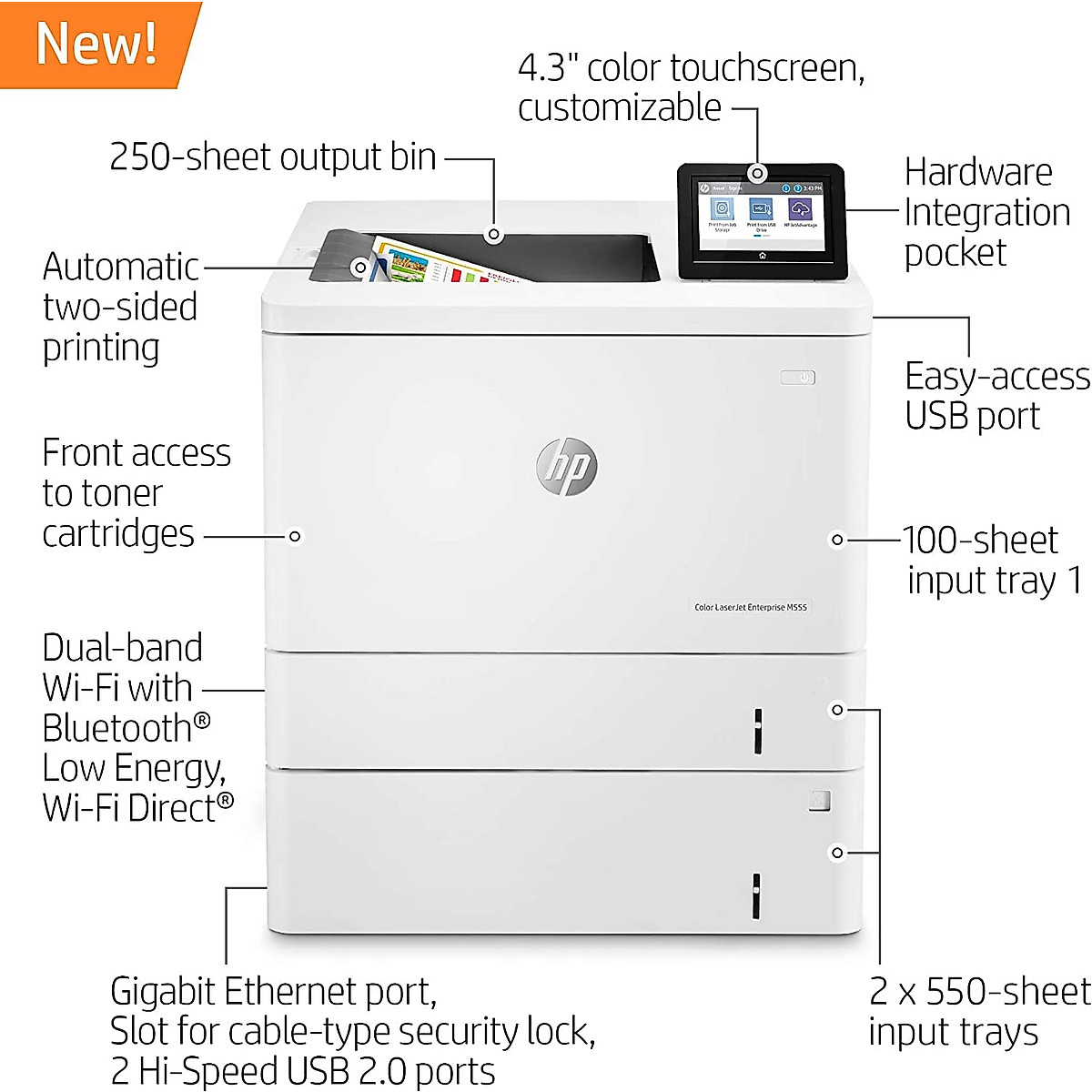 HP Color Laserjet Enterprise M555x Single-Function Wireless Laser Printer with 3 Paper Trays, White - Print only - 4.3" Touchscreen, 40 ppm, 1200 x 1200 dpi, Auto Duplex Printing, Cbmou Printer Cable