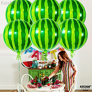 KatchOn, Big 22 Inch Watermelon Balloons - Pack of 6 | One In A Melon Party Decorations | 4D Round Watermelon Balloon, Watermelon Decorations | Watermelon Mylar Balloon, Watermelon Party Supplies