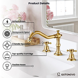 gotonovo 8 Inch Widespread Bathroom Sink Faucet 2 Cross Handles 3 Hole Bathroom Vanity Faucet Deck Mount Basin Mixer Tap with Pop Up Drain with Overflow Antique Brass