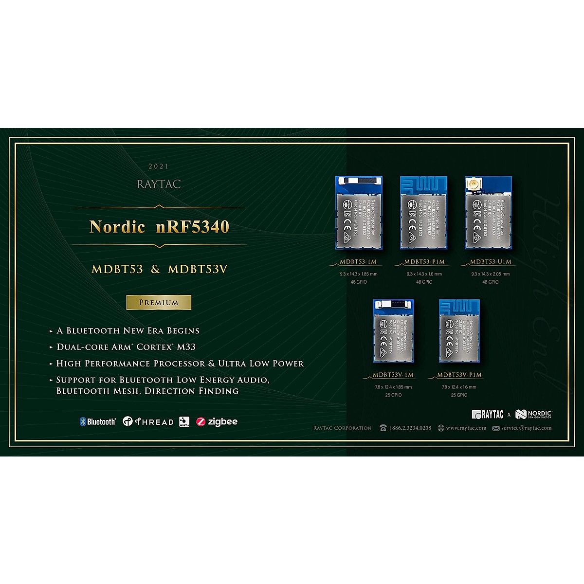 MDBT53-1M Nordic nRF5340 Dual Core Chip ANT 48 GPIO Bluetooth Module BT5.2 FCC IC CE Telec KC SRRC (3pcs Pak)