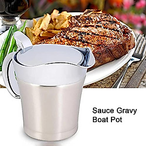 FOXDISK 304 Stainless Steel Double Insulated Gravy Boat 16 oz with Hinged Lid,Sauce Jug and Steak Sauce Pot Double Walled Insulated Thermal (16 oz/450ml)
