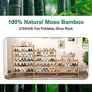 viewcare 6-Tier Bamboo Shoe Rack for Entryway, Stackable | Foldable | Natural, Shoe Organizer for Hallway Closet, Free Standing Shoe Racks for Indoor Outdoor