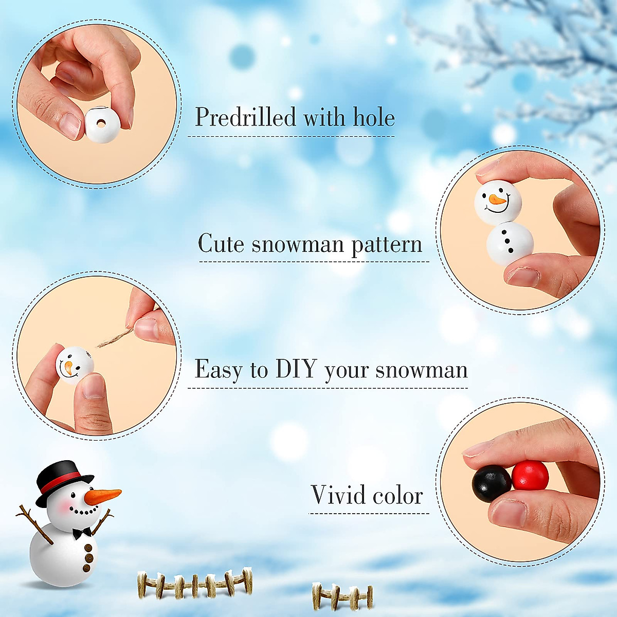 Yulejo 180-Piece Christmas Snowman Buffalo Plaid Wood Round Beads with Twine Scarf - Vivid Colors for Crafts