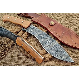 HUNTEX Handmade Hand-Forged Twist Pattern Damascus Steel 15 Inch Long Full Tang Natural Oak Wood Handle Razor Sharp Hunting Camping Kukri Knife w/Genuine Leather Sheath