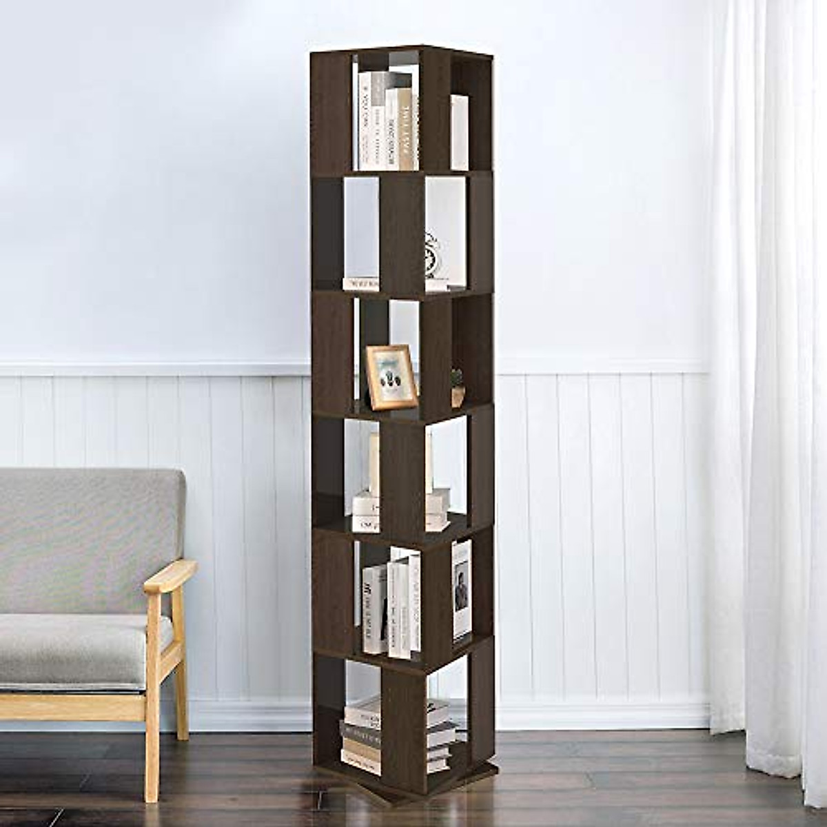 4HOMART 6 tier Rotating Bookshelf, Floor Rack Simple Bookcase Student Multi-Function Creative Bookshelf for Living Room (Black Walnut)