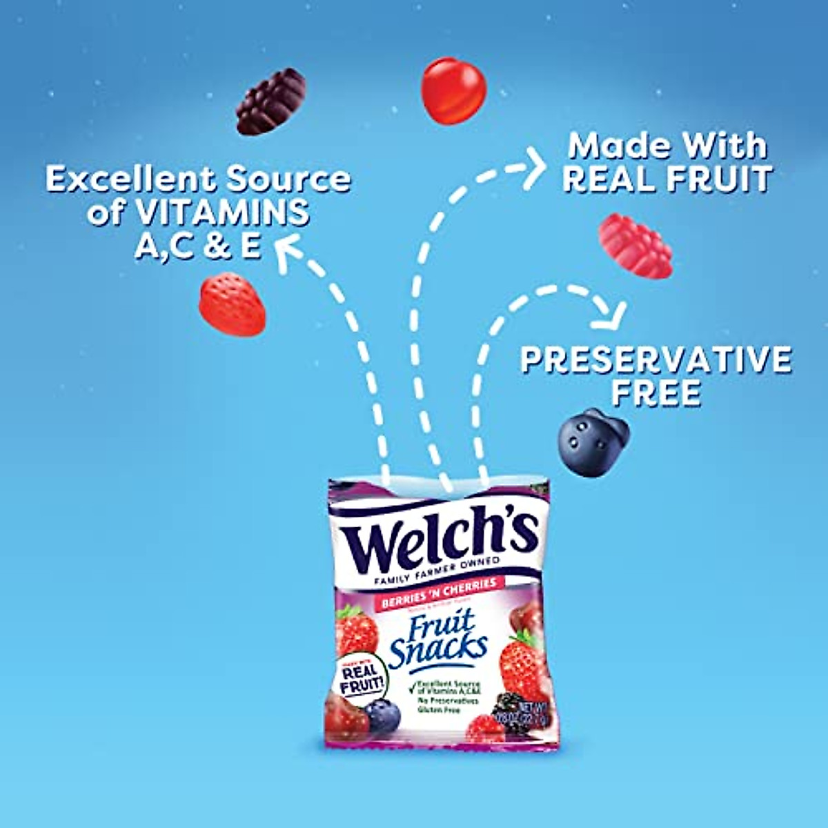 Welch's Fruit Snacks, Berries 'n Cherries, Perfect for School Lunches, Gluten Free, Bulk Pack, Individual Single Serve Bags, 0.8 oz (Pack of 40)
