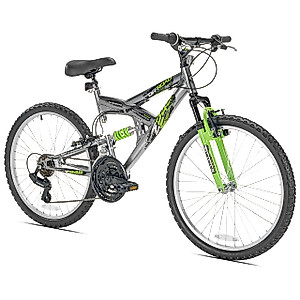Kent International Northwoods Aluminum Full Suspension Mountain Bike | 24-inch Bike w/ 21-Speed Shimano Derailleur Drivetrain | Lightweight Mountain Bikes w/ Aluminum Frame for Cycling | Grey/Green