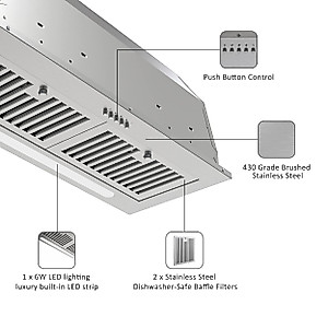 FIREGAS Range Hood Insert 30 inch, 600 CFM Ducted/Ductless Convertible Kitchen Hood with LED Light, Built-in Vent Hood with 3 Speed Exhaust Fan, Baffle Filters, Stove Hood with Carbon Filters