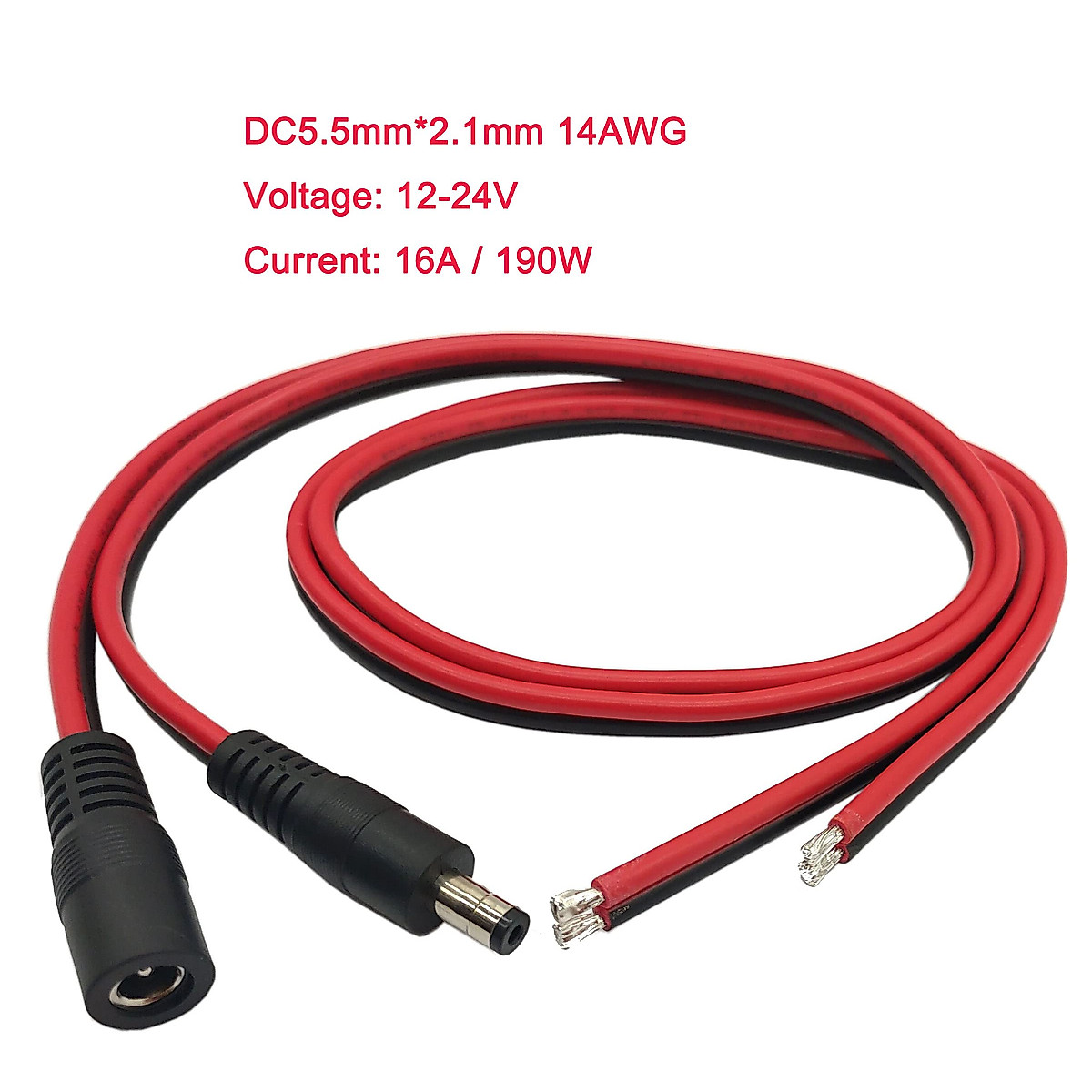 Halokny DC Power Pigtails Cable, 1 Pairs 14AWG DC5.5x2.1mm 12V 5A Male & Female Connectors Power Single Ended Extension Cable for CCTV Security Camera and Lighting Power Adapter 60cm/2Ft