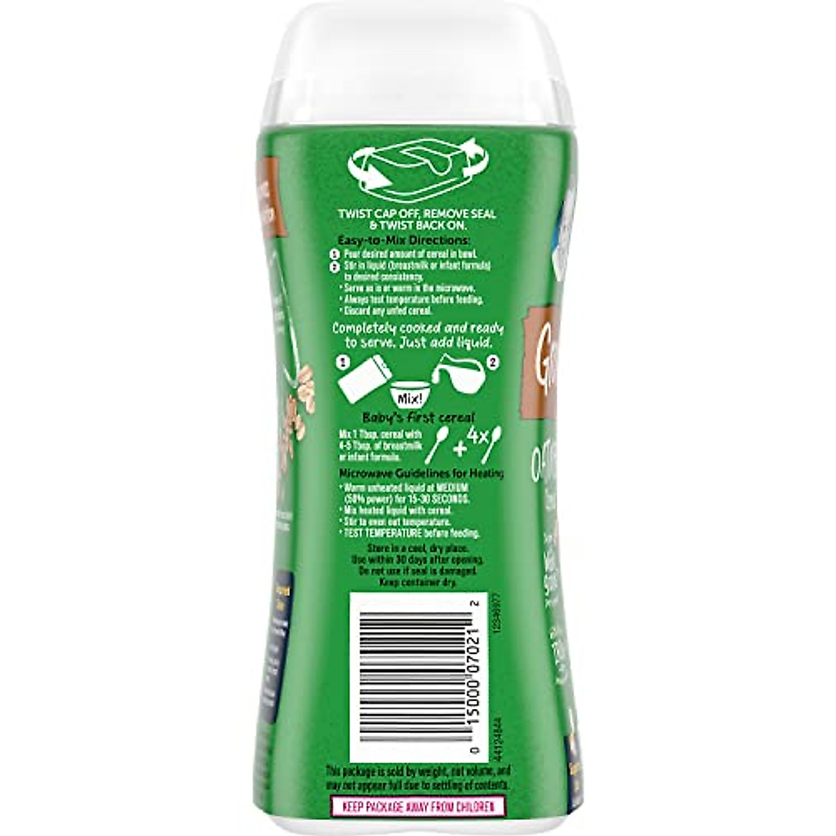 Gerber Organic for Baby 1st Foods Grain & Grow Cereal, Oatmeal Cereal, Made with Whole Grains & Iron, USDA Organic & Non-GMO, 8-Ounce Canister (Pack of 3)