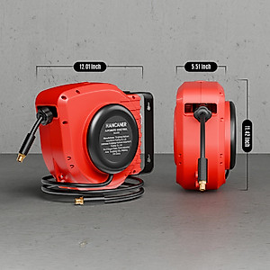 Hancaner Retractable Air Hose Reel, 1/4" x 50 FT Hybrid Air Hose Max 350 PSI, Air Compressor Hose Reel with 5 FT Lead in, 180° Swivel Mount