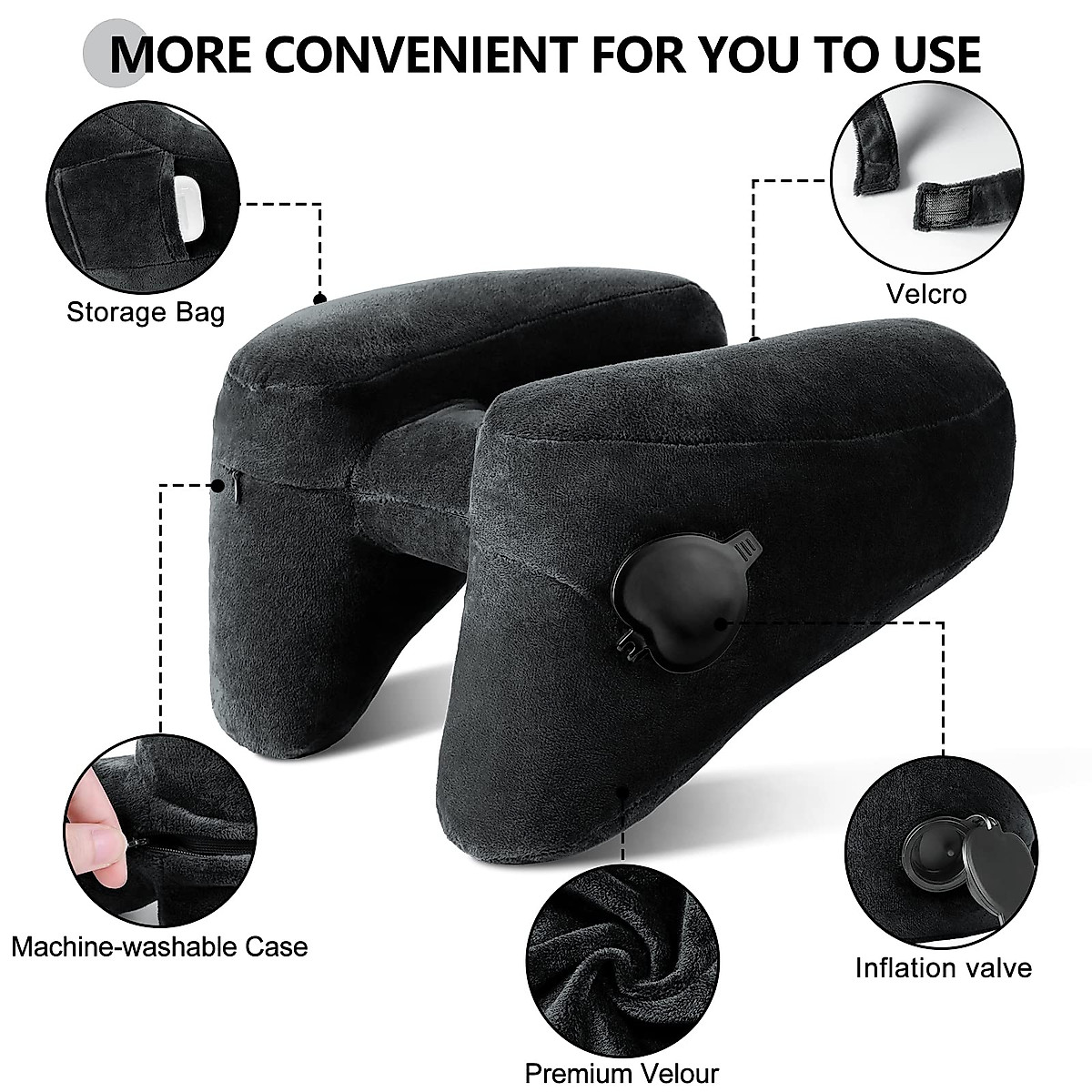 Neck Pillow for Travel Inflatable Airplane Pillow Comfortably Supports Head, Neck and Chin, Inflatable Travel Pillow with Soft Velour Cover and Portable Drawstring Bag (Black)