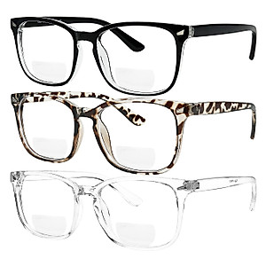 Yogo Vision Bifocal Reading Glasses for Women Men Rectangle Multifocal Readers Fashion Nerd Eyeglasses 3 Pack: Black, Clear, Grey Havana 2.75