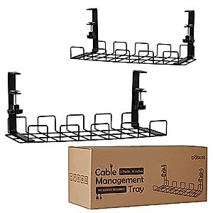 Baskiss Under Desk Cable Management Tray 2 Packs, 16" Under Desk Cord Organizer with Clamp Mount for Wire Management, Metal Wire Cable Holder for Desks, Offices and Kitchens, No Need to Drill Holes