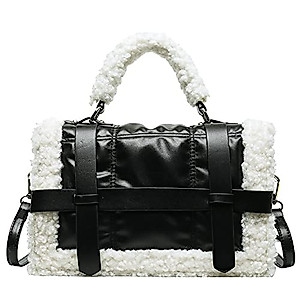 Winter Faux Fur Trim Shoulder Bag Women PU Leather Tote Bag Solid Color Tote Handbag Crossbody Bag for Women