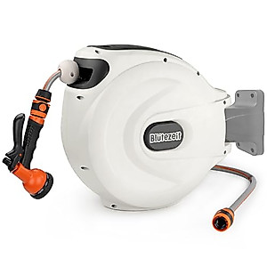Blütezeit Retractable Garden Hose Reel, 1/2'' x 65FT+6FT Wall Mount Water Hose Reel, 8 Function Hose Nozzle, Any Length Lock, 180° Swivel Bracket, Automatic Slow Rewind System