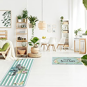 Hello Spring Sweet Home Kitchen Rugs Sets of 2 Spring Flowers Non Slip Floor Mat Watercolor Stripes Decorative Rug Washable Rubber Backing Inside Door Mat Pad for Kitchen Bathroom Farmhouse Decoration