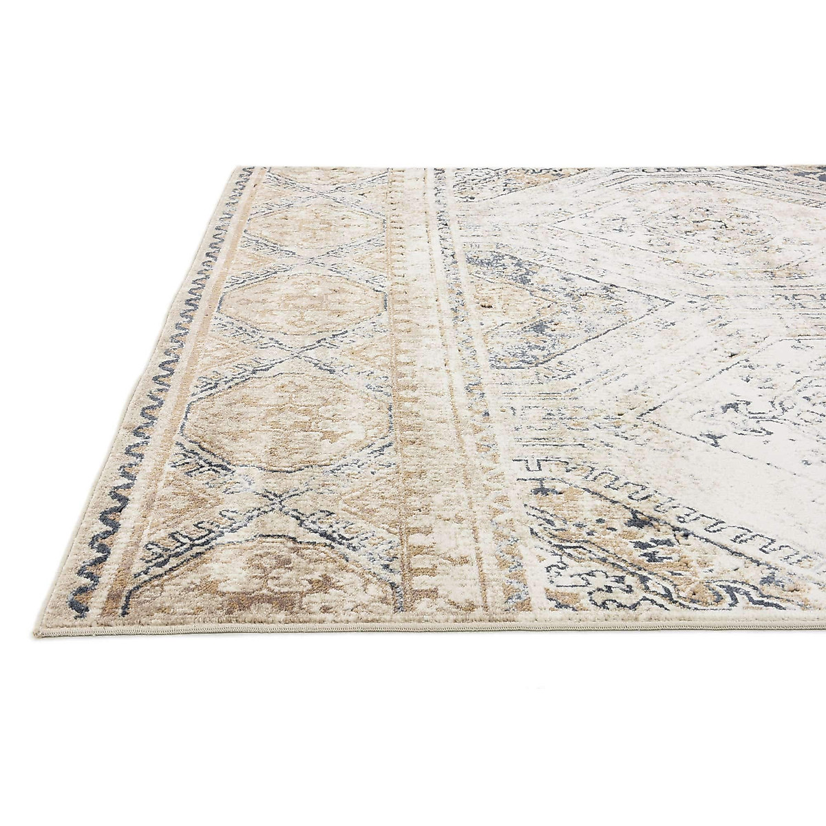 Unique Loom Chateau Collection Geometric, Vintage, Textured, Distressed, Traditional Area Rug, 5' 0" x 8' 0", Beige/Navy Blue