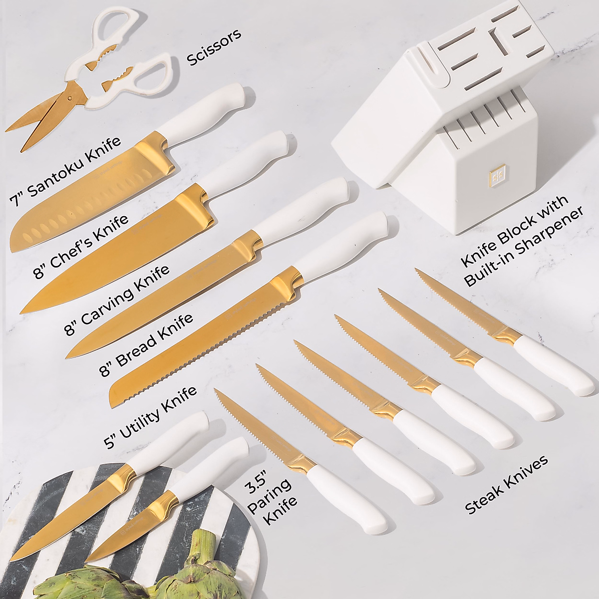 Gold Knife Set with Block Self Sharpening - 14 PC Luxurious Titanium Coated Gold and Off-White Kitchen Knife Set and White Knife Block with Sharpener, White and Gold Kitchen Accessories and Decor