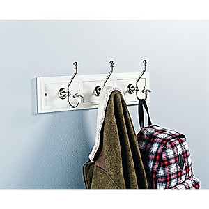 Liberty 22 inch Stylish Wall Mounted White and Satin Nickel Wardrobe Hook Rail/Coat Rack with 3 Pretty Dual Hanger Hooks for Coats, Hats, Scarves, Key • Extra Wide Hanging Space