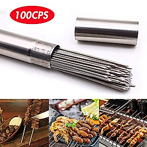 BigOtters Barbecue Skewers, 100PCS Skewers for Grilling Stainless Steel Skewers BBQ Needle Sticks Metal Skewers for Meat Shrimp Chicken Vegetable Outdoor Cooking
