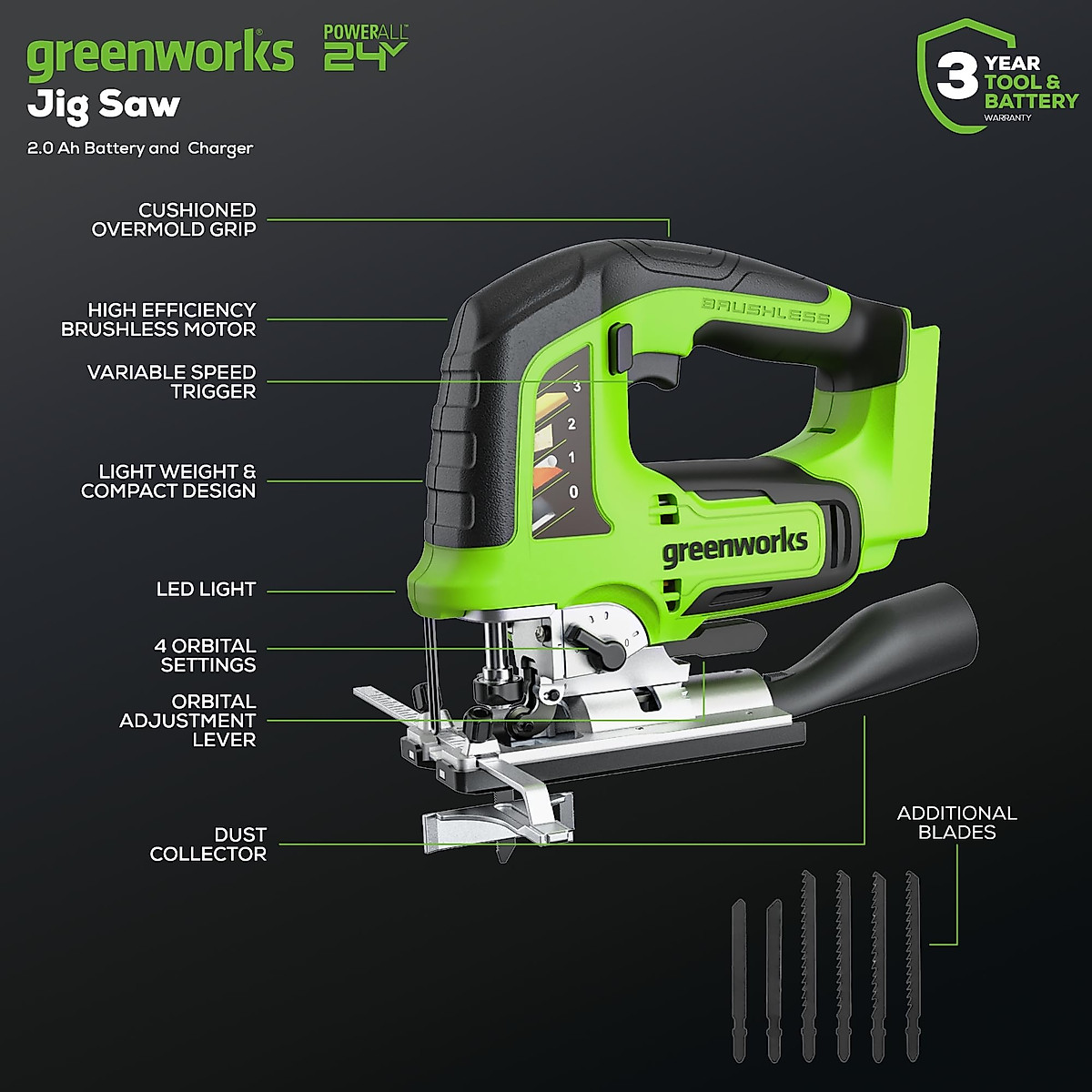 Greenworks 24V Brushless Cordless Jig Saw,3000 SPM,1 Inch Stroke Length Jigsaw with 6PCS Blades,4 Orbital Settings,45 Degree Cutting Angle,Tool-Free Blade Changing