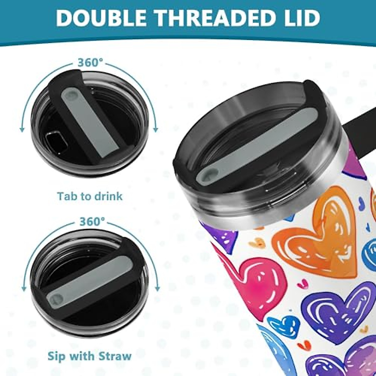 FRCSDIY Colorful Love Insulated Tumbler with Handle and Straw Lid,40oz Leakproof Stainless Steel Cup BPA-Free Water Bottle