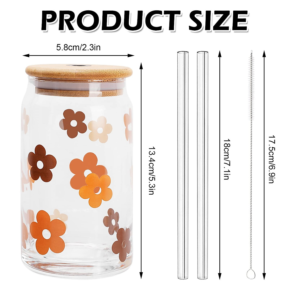 Whaline Retro Flowers Beer Can Glasses with Lids and Straw Boho Groovy Drinking Glasses Ice Coffee Cup Tumbler Cup for Cocktails Whiskey Beer Soda Gifts, 16oz