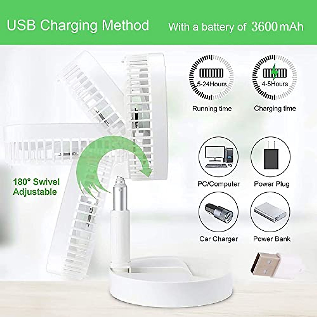 Portable Desk Fan,Foldable Fan Pedestal Stand Floor Fan with Remote Controller Adjustable Height from 14.2'' o 39'', 4 Speeds & Time Settings, 7200mAh Rechargeable Telescopic Oscillate USB Charging