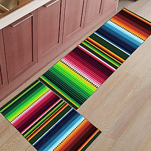Infinidesign 2 Piece Mexican Serape Kitchen Mats Set 19.7x31.5inch+19.7x47.2inch, Anti-Fatigue Non-Slip Chef Mat Kitchen Rug Cushioned Floor Rugs, Colorful Stripes
