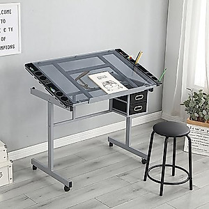 Rolling Computer Desk with Drawers, 40 In Mobile Laptop Desk, Work Desk for Home Office Desks, Writing Desk with Storage, Adjustable Tempered Glass Drafting Table, Black Study Desk for Bedroom,Grey