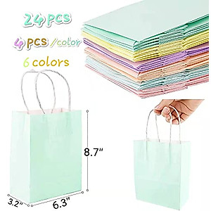 24Pcs Birthday Gift Bags Multicolor Pastel Portable Bags Party Treat Paper Kraft Favor Sweet 8.7x6.3x3.2inches Candy Gift with Handles for Party Wedding Celebrations (Small)