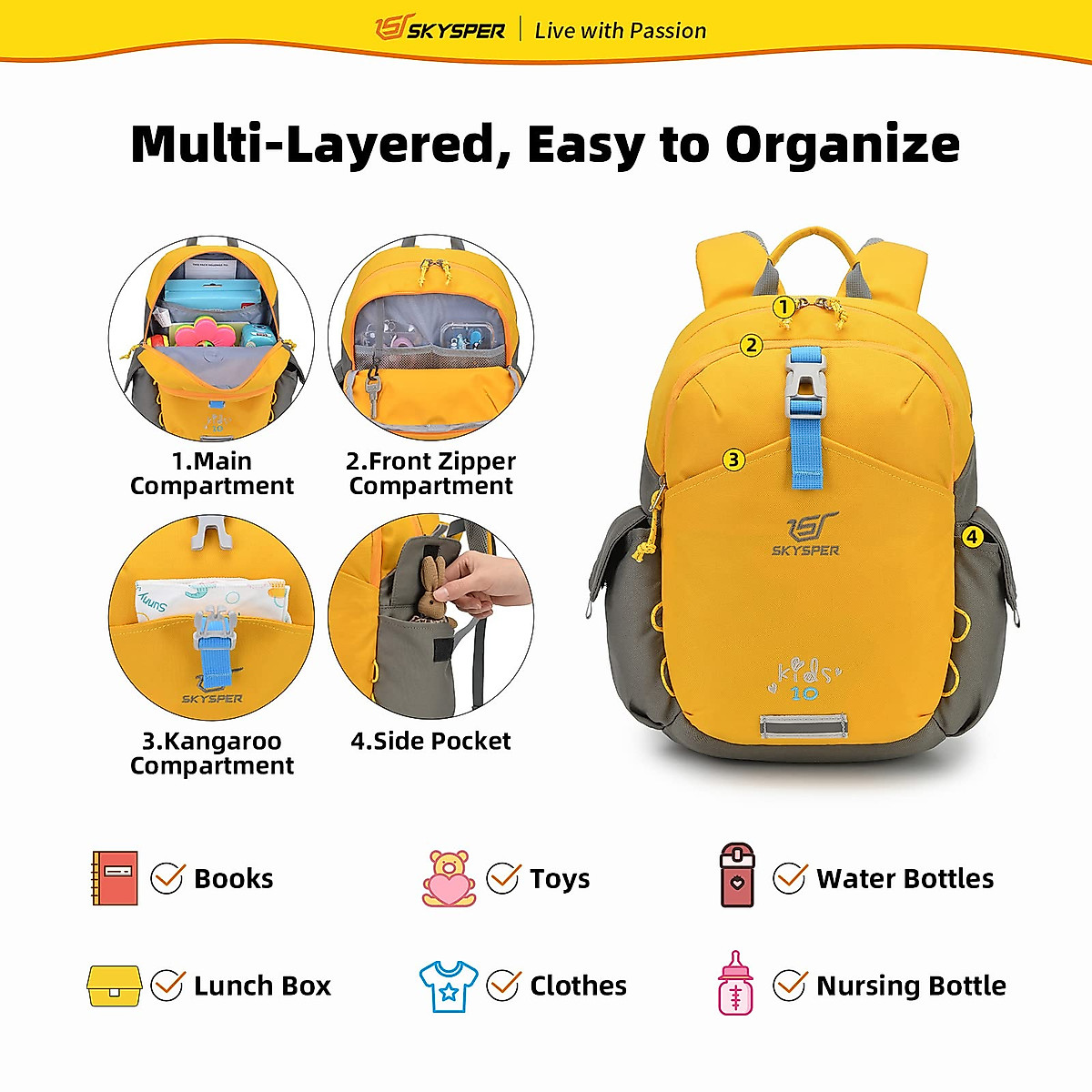 SKYSPER Kids Backpack 10L Toddler Backpack Travel Daypack for Preschool and Kindergarten(Yellow)