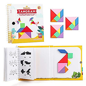 Vanmor Travel Tangram Puzzle - 3 Sets of Magnetic Tangram with 240 Solution - Montessori Shape Pattern Blocks Jigsaw Road Trip Games IQ Book Educational Toy Brain Teaser Gift for Kids Adults Challenge