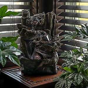 Alpine Corporation 14" Tall Indoor/Outdoor Tiered Log Tabletop Fountain with LED Lights, Beige