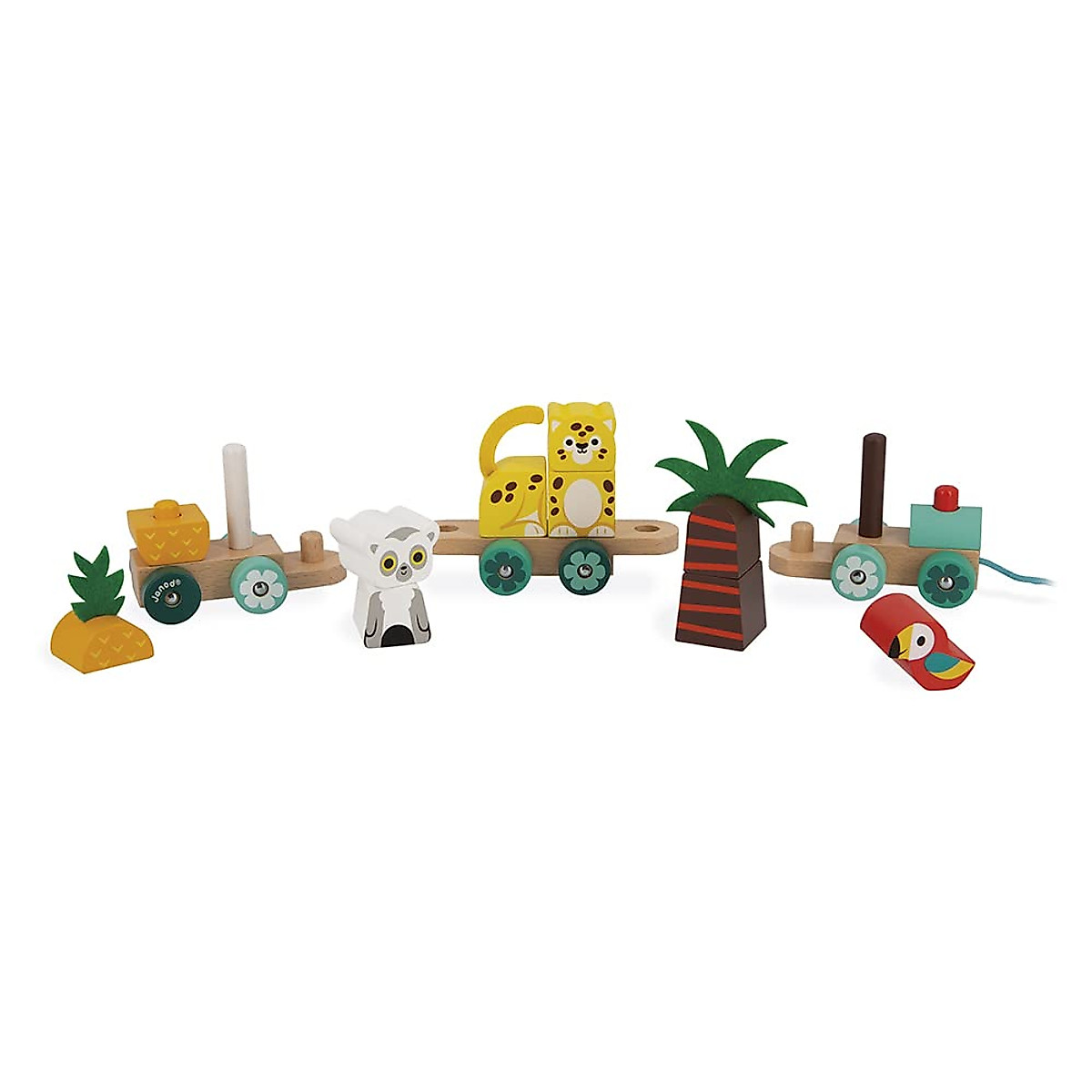Janod - Tropik Tropical Pull-Along Train - 11 Pieces and 3 Cars - Ages 1 Year + J08272