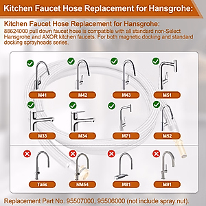 88624000 Kitchen Faucet Pull Out Hose Replacement for Hansgrohe Sink Spray Faucet, 59 Inch Pull Down Hose with Brass Connectors Replace 95507000 95506000