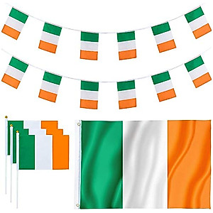 Whaline Ireland Flag Set, 3x5 Foot Large Ireland Irish Flag, 18.7 Feet Irish Banners Bunting Flags and 10 Pieces Small Hand Flag for Ireland National Day, Bars, Party and School Sports Events