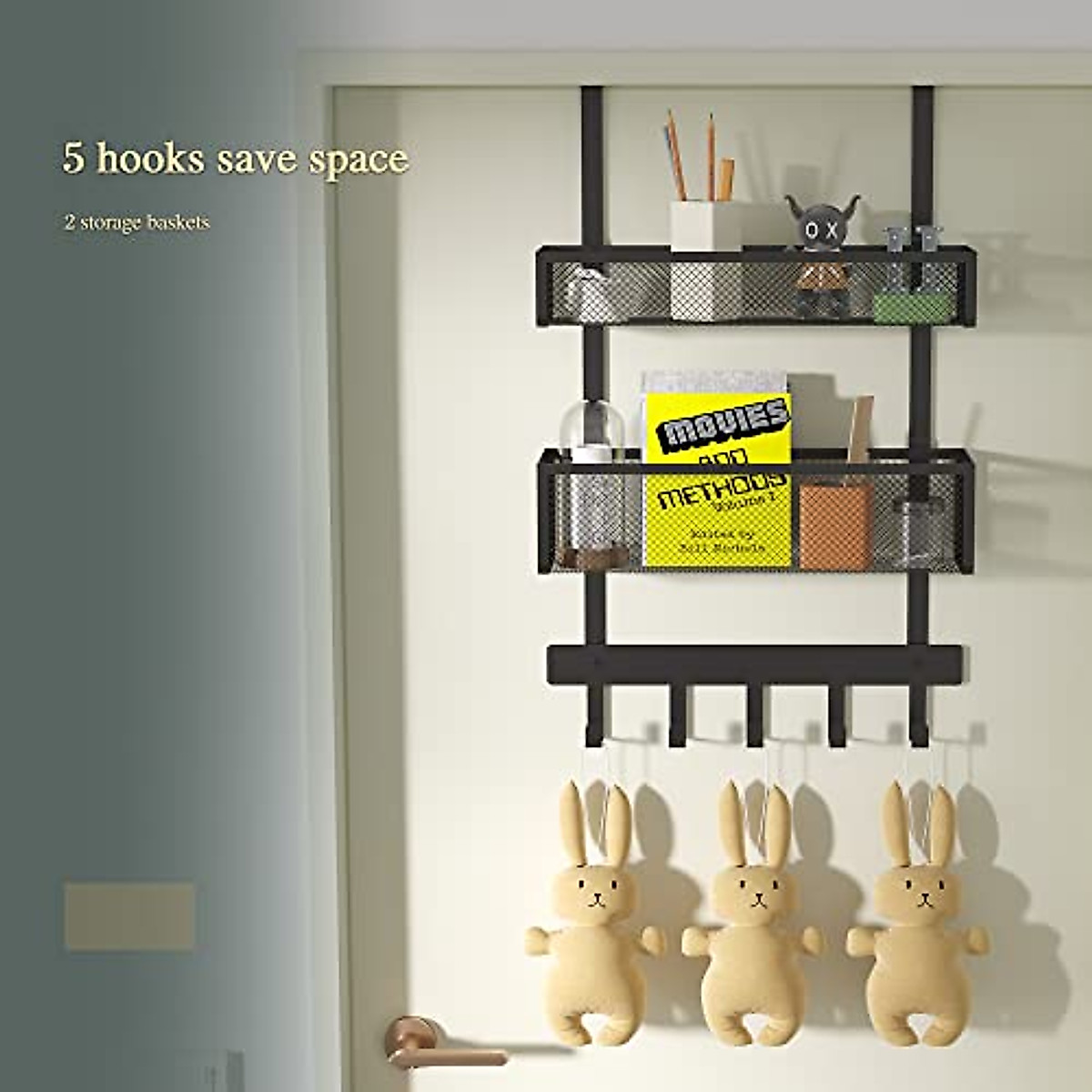 AMOOSON Over The Door Hooks Organizer Hanger, Coat Hooks Towel Rack with 2 Mesh Basket 5 Hooks Hanging Storage Spice Rack for Bathroom Bedroom Kitchen Over The Door Storage Organizer, Black