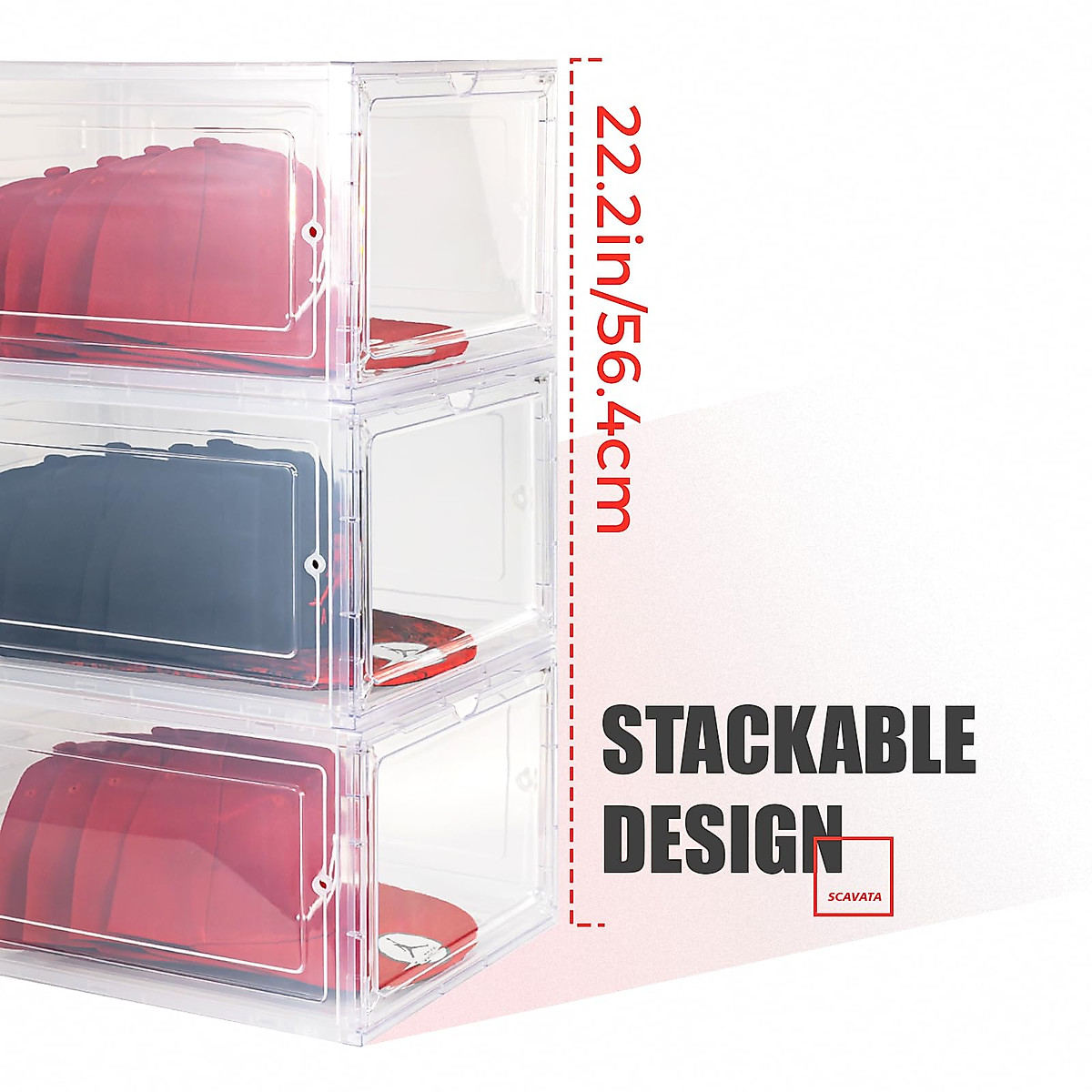 SCAVATA 6 Pack Hat Organizer Box, Stackable Clear Baseball Caps Holder Box Containers with Magnetic Door for Hats Snapback Cap Storag, Hat Rack Display Case, Holds 8 Hats Each (Clear)