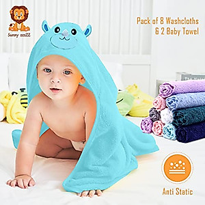 Sunny zzzZZ Baby Hooded Bath Towel and Washcloth Sets, Baby Essentials for Newborn Boy Girl, Baby Shower Towel Gifts for Infant and Toddler - 2 Towel and 8 Washcloths - Owl and Rhino