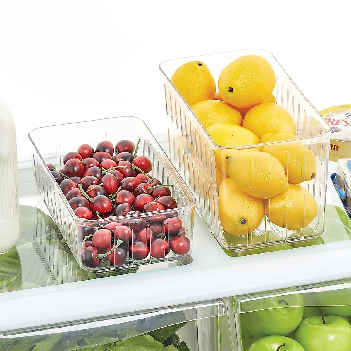 mDesign Plastic Kitchen Refrigerator Produce Storage Organizer Bin with Open Vents for Air Circulation - Food Container for Fruit, Vegetables, Lettuce, Cheese, Fresh Herbs, Snacks - Set of 2 - Clear