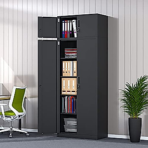 JINKUR Metal Storage Cabinet with Locking Doors and 4 Adjustable Shelves, 86.6-Inch Extra Tall Lockable Steel Storage Cabinets for Home Office Garage Kitchen Pantry (Black)