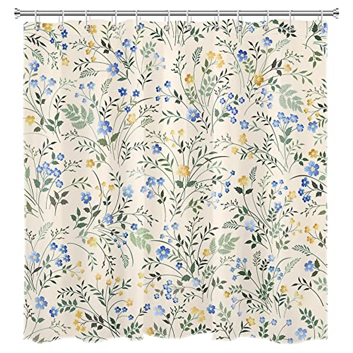 LB Country Wildflower Shower Curtain Decor,Blue and Yellow Floral Green Leaf Plant on Beige Shower Curtain for Bathroom 72X72 inch Polyester Fabric Bathroom Decoration Bath Curtains Hooks Included