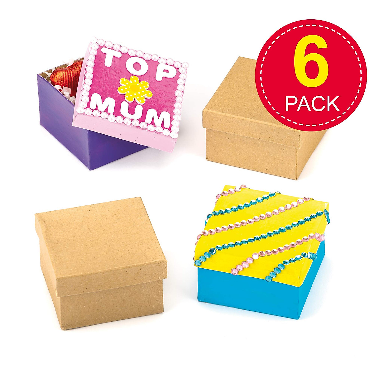 Baker Ross Box, for Kids to Paint, Decorate and Personalise for Arts and Crafts Activities (Pack of 6), 75mm x 75mm, Brown