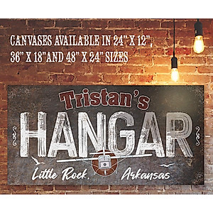 Personalized Hangar Airplane Print - Custom Print with Name and City State, Pilot Name Print and Aviation Sign, Antique Airplane Decor and Man Cave Gift, Rustic Metal Style Canvas Print 12x24